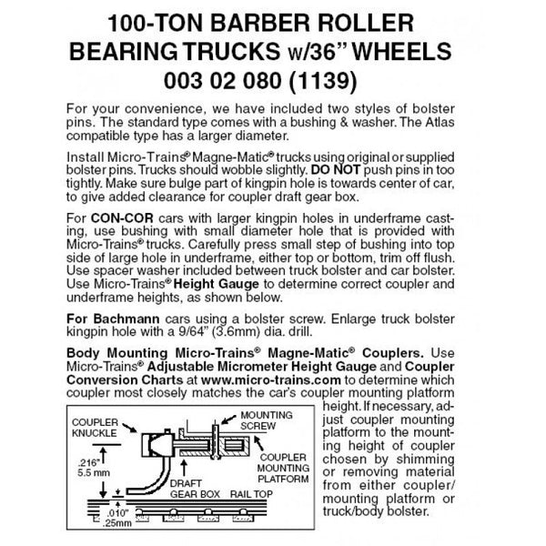 00302080 - 100 Ton Barber Roller Bearing Bogies 36” - 1 pair (N Scale ...